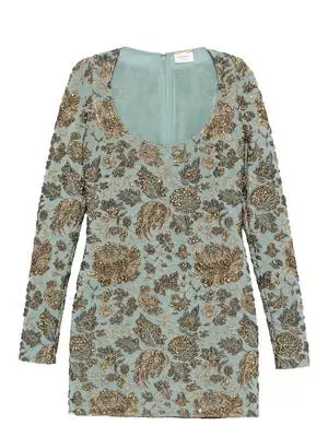 Saint Laurent Floral Brocade Long Sleeve Dress - Blue
