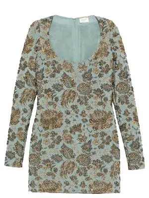 Saint Laurent Floral Brocade Long Sleeve Dress - Blue