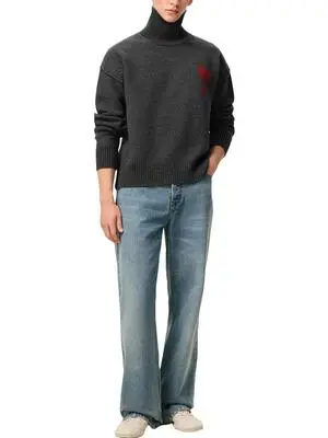 AMI Paris Felted Merino Wool Turtleneck With De Coeur Emblem - Gray