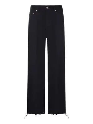 Rick Owens Wide Leg Jeans In Denim With Frayed Hem - Black