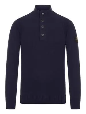 Stone Island Lambswool Sweater With Mock Neck And Button Detail - Blue