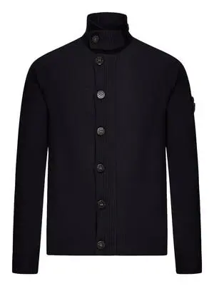 Stone Island Lambswool Sweater With Zip And Button Fastening - Black