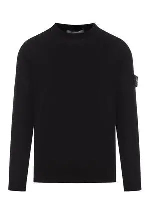 Stone Island Crew Neck Wool Sweater With Removable Logo Badge - Black