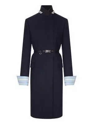 Prada Long Wool Coat With Jewel Collar - Blue