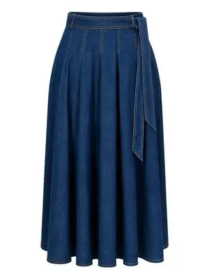 EXQUISE Pleated Midi Skirt With Belt - Blue