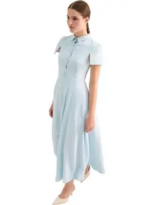 AVENUE 8 Structured Sleeve Button-front Fitted Midi Flared Dress - Blue