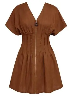 EXQUISE Short Sleeve Linen Zip-up Mini Dress - Brown