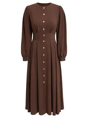 EXQUISE Button Detailed Crewneck Midi Dress - Brown