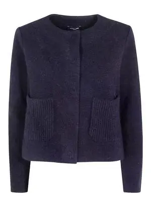 ANNE CLAIRE Ribbed Pocket Wool Cardigan - Blue