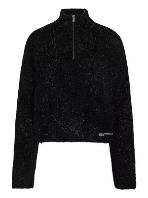 Karl Lagerfeld Fluffy Knit Half-zip Sweater With Metallic Accents - Black