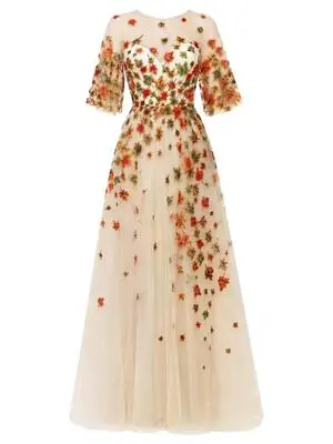 GEMY MAALOUF Leaf-embroidered Open-back Gown - Neutrals