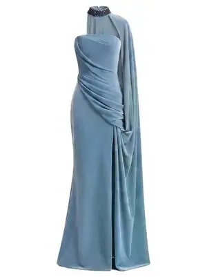 GEMY MAALOUF Beaded-collar Draped Gown - Blue
