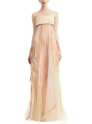 GEMY MAALOUF Feather-embroidered Strapless Gown - Neutrals