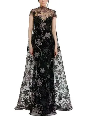 GEMY MAALOUF Floral Embroidered Cape-back Gown - Black