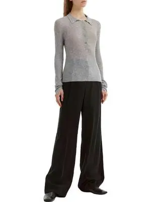 GANNI Ribbed Knit Crystal-embellished Polo Top - Grey