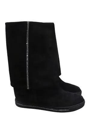 Rene Caovilla Suede Embellished Wedge Ankle Boots - Black
