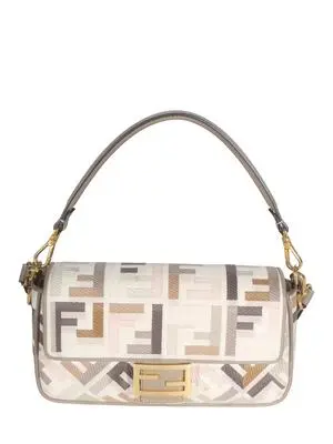 Fendi Grezzo Tortora Canvas Ff Embroidered Baguette Bag - Multicolor
