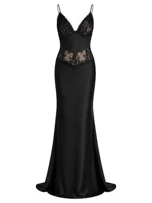 SANDRA MANSOUR Desire Satin Lace Maxi Dress - Black