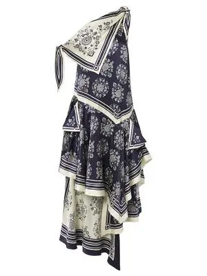 ALEMAIS Alémais Banderra Asymmetric Floral Silk Midi Dress - Blue