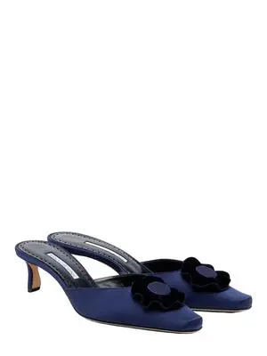 Manolo Blahnik Floral-appliqué Silk Satin Mules - Blue