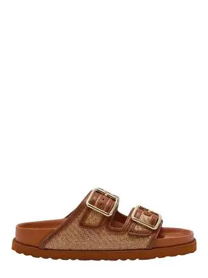 BIRKENSTOCK Arizona Framed Raffia And Leather Sliders - Camel