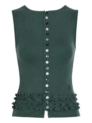 DAMSON MADDER Ribbed Ruffle-trim Cotton-blend Tank - Green
