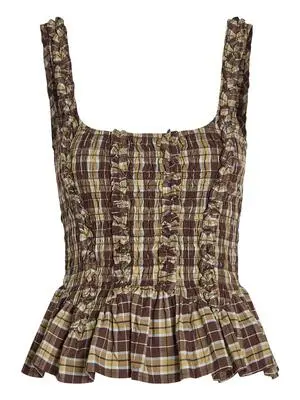 DAMSON MADDER Raphi Checked Shirred Cotton-poplin Cami Top
