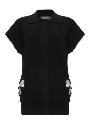 EXQUISE Embellished Pocket Collar Knit Vest - Black