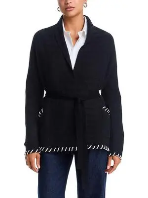 Bloomingdale'S Whipstitch Belted Cashmere Cardigan Sweater, Exclusive - Black/ivory