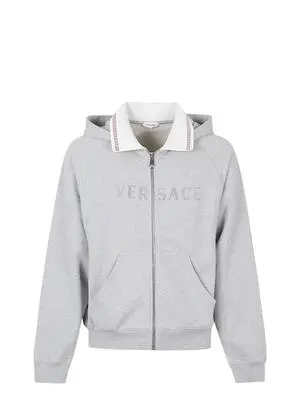 Versace Logo-embroidered Zipped Hoodie - Grey
