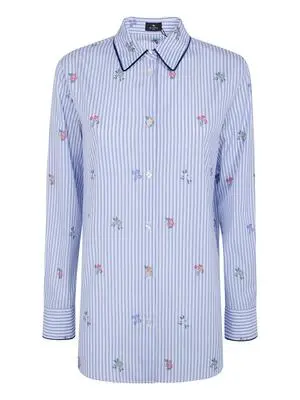 Etro Striped Floral Embroidered Cotton Shirt - Blue