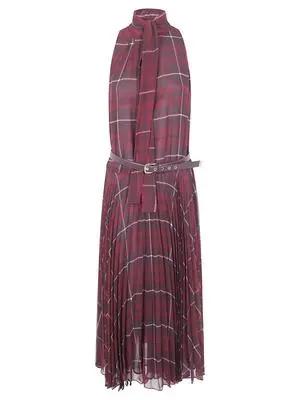 Max Mara Tartan Pleated Midi Dress With Belt - Red