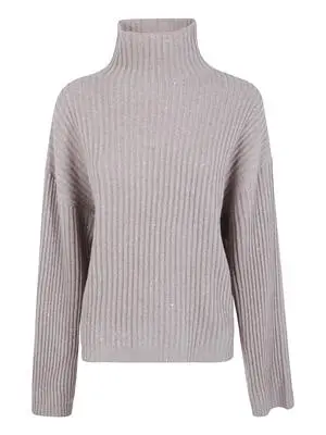 Brunello Cucinelli Ribbed Turtleneck Sweater With Sequins - Brown