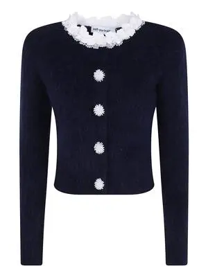 SELF-PORTRAIT Sweater Pearl Trim Knit Jumper - Blue