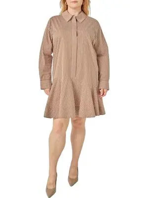 English Factory Striped Long Sleeve Flared Skirt Shirtdress - Brown