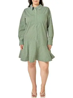 English Factory Striped Long Sleeve Flared Skirt Shirtdress - Dark Olive