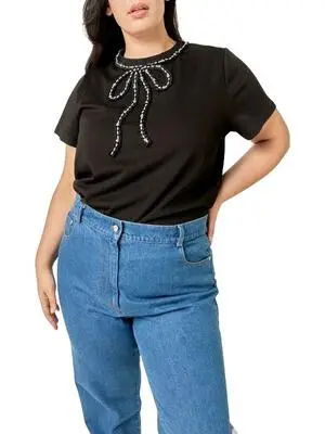 English Factory Pearl-embellished Bow T-shirt - Black