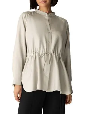 Eileen Fisher Silk Mandarin Collar Shirt With Tie - Plstr