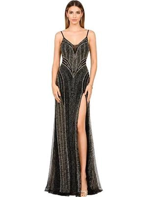 LARA NEW YORK Spaghetti Strap Beaded Gown With Slit - Black