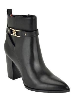 Tommy Hilfiger Midna Faux Leather Pointed Toe Block Heel Booties - Black