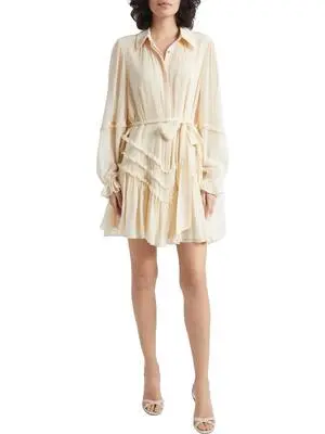 Ramy Brook Maya Ruffle Detail Long Sleeve Silk Mini Shirtdress - Bone