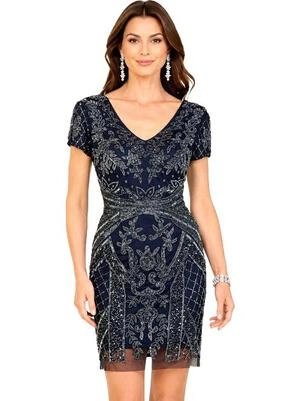LARA NEW YORK Cap Sleeve Beaded Cocktail Dress - Navy