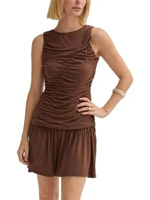 CRESCENT Ruched Knit Mini Dress - Brown
