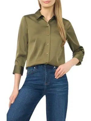 CECE DUPRAZ Button Front Satin Shirt - Dark Olive