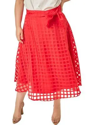 English Factory Plaid Organza Fit & Flare Midi Skirt - Red