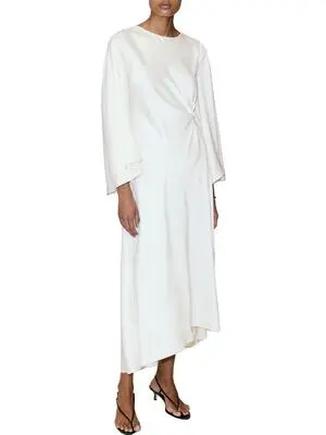 Mango Ruched Satin Midi Dress - Ecru