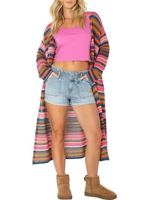 Roxy Sea Wind Longline Open Front Stripe Cardigan - Shocking P