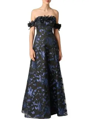Aidan Mattox Metallic Jacquard Organza Off The Shoulder Gown - Navy/black