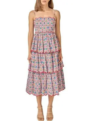 English Factory Printed Scallop Tiered Midi Dress - Multi