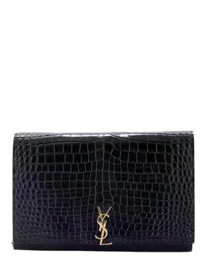 Saint Laurent Monogram Flap Chain Wallet Crocodile Embossed Leather Clutch Bag - Black